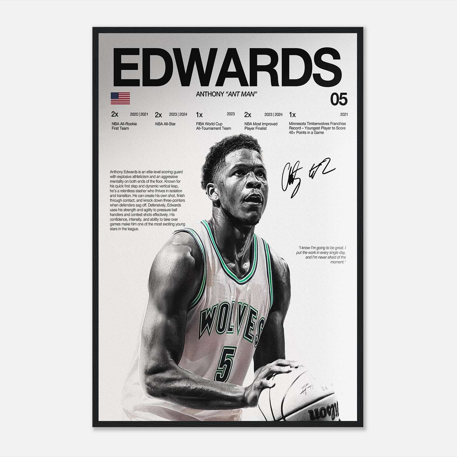 Anthony Edwards Poster, Sports Poster, Basketball Player Poster, Full ...