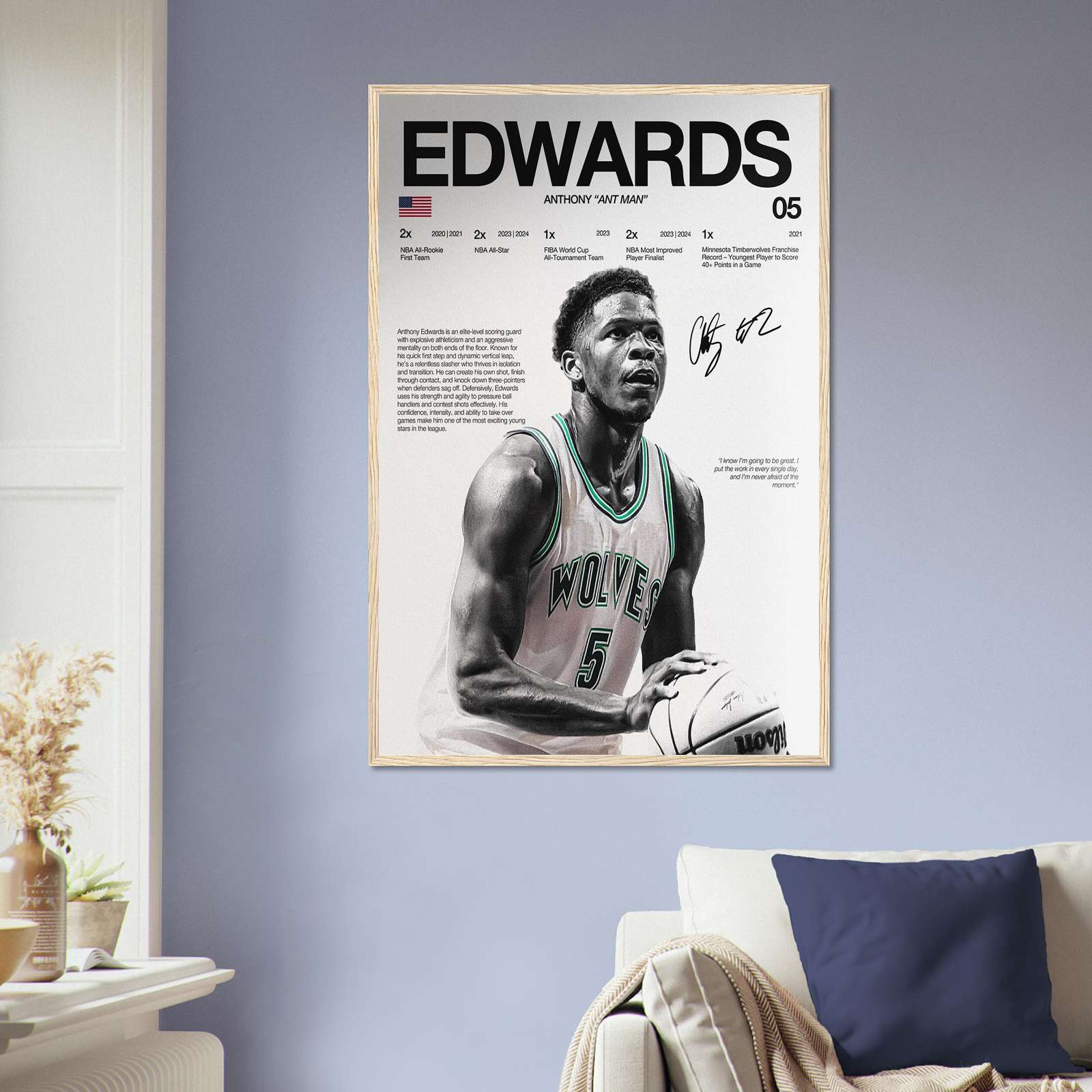 Anthony Edwards Poster, Sports Poster, Basketball Player Poster, Full ...