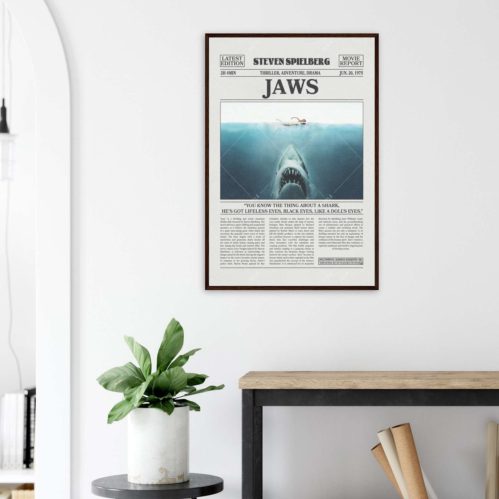 Jaws Movie Poster, Retro Newspaper Movie Poster, Black White Wall Art ...