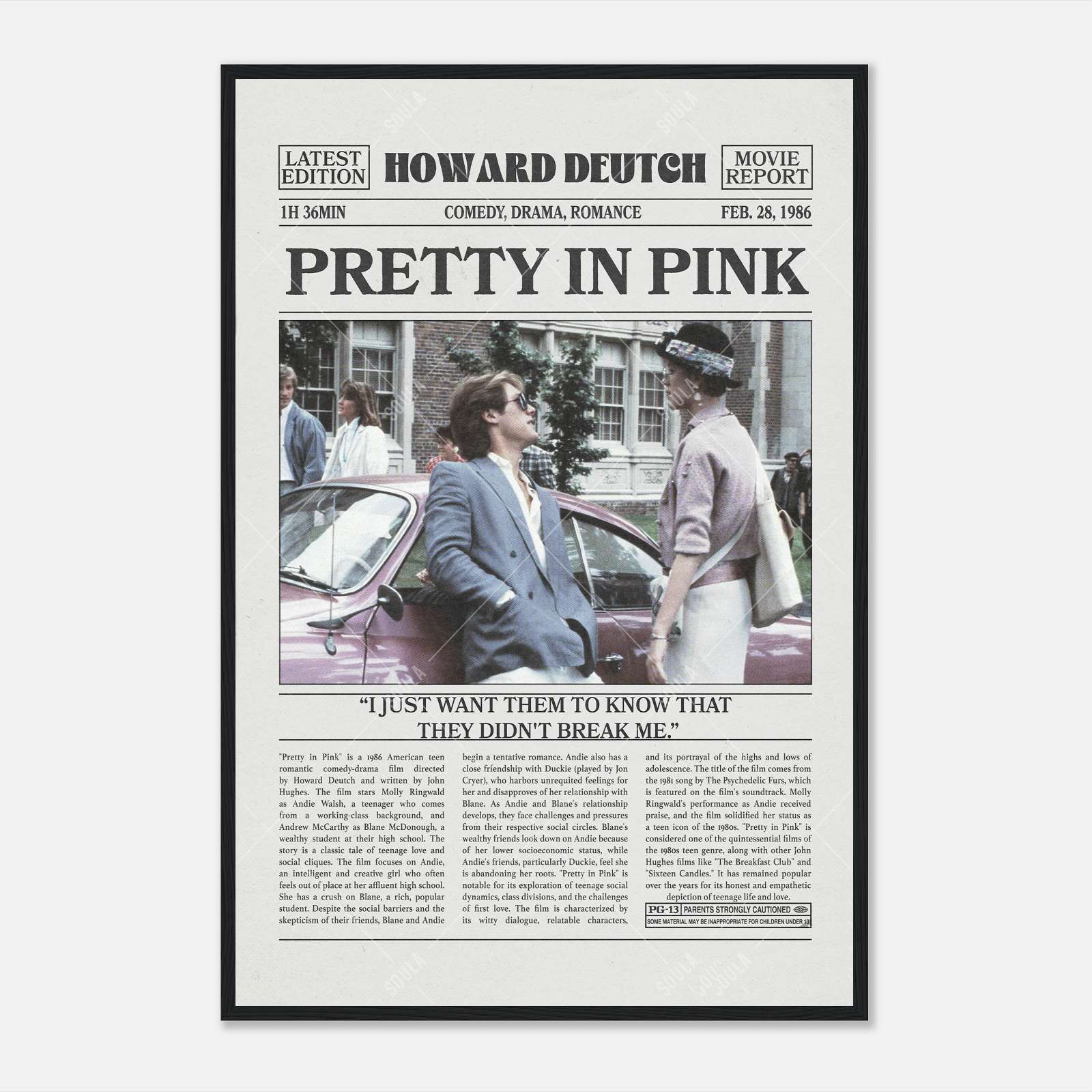Pretty In Pink Movie Poster, Movie Poster, Retro Newspaper, Black White ...