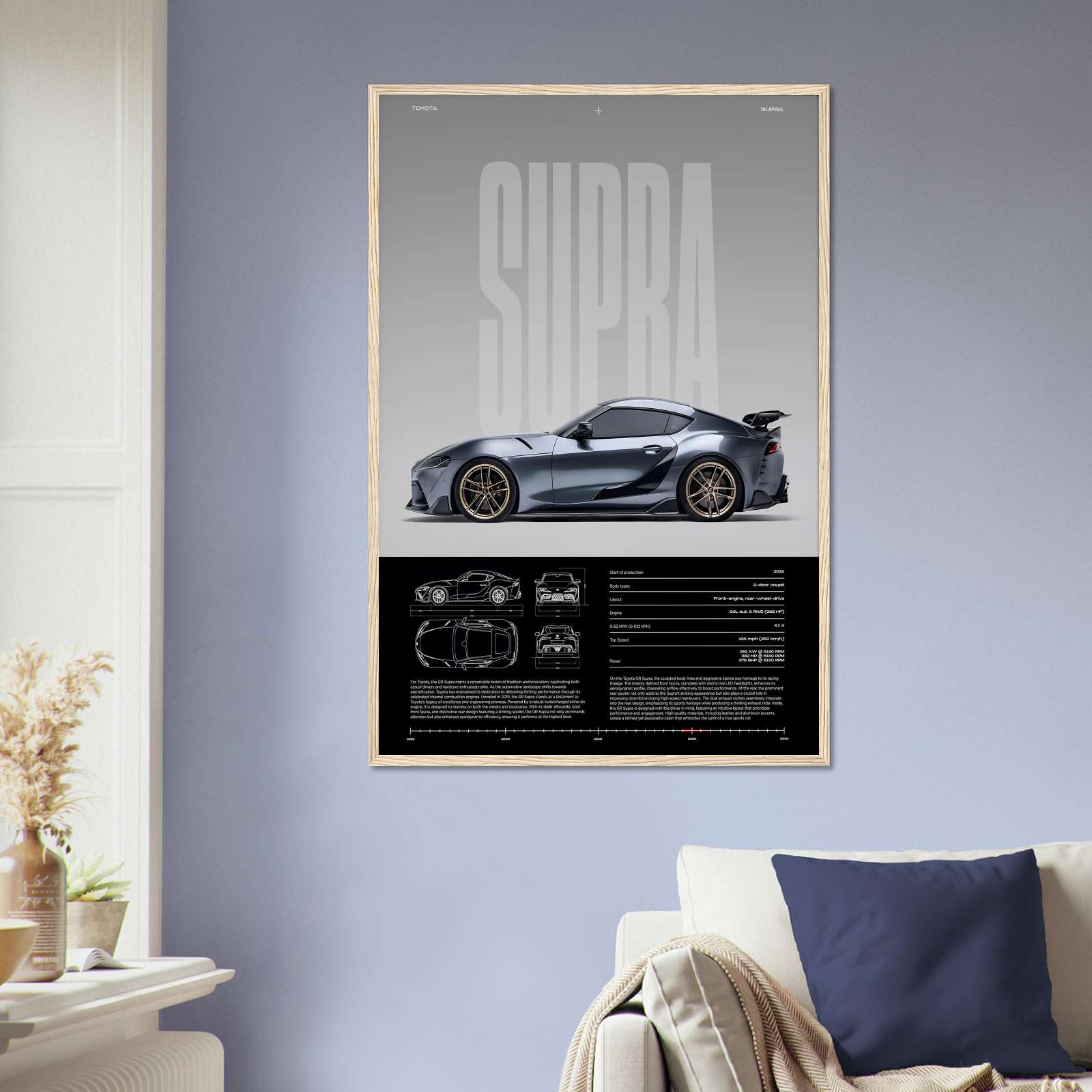 Retro Toyota Supra Poster Classic Sports Car Enthusiast Decor Garage ...